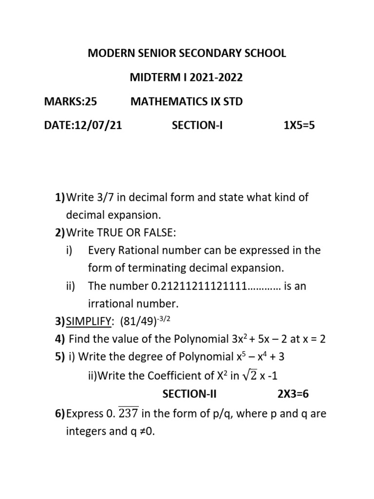 Maths Midterm Question Paper | PDF | Teaching Methods & Materials ...