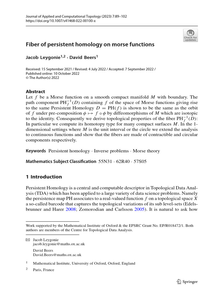 Fiber of Persistent Homology On Morse Functions: Jacob Leygonie David ...