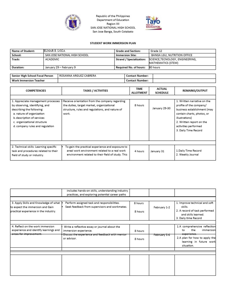 Work Immersion Training Plan 1 | PDF | Learning | Cognition