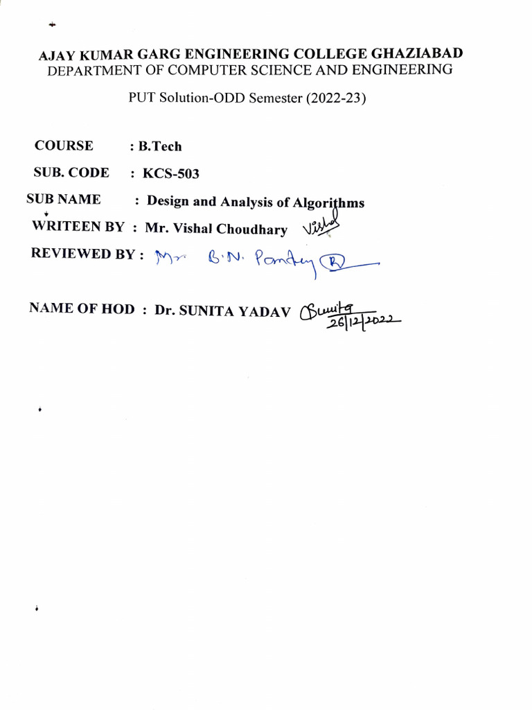 Design and Analysis of Algorithms KCS-503 PUT Sol ODD 22-23 (2) .PDF - Crdownload | PDF