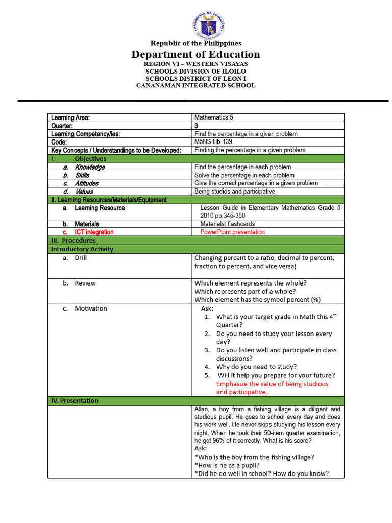 COT Math 5 3rd Quarter | PDF | Percentage | Mathematics