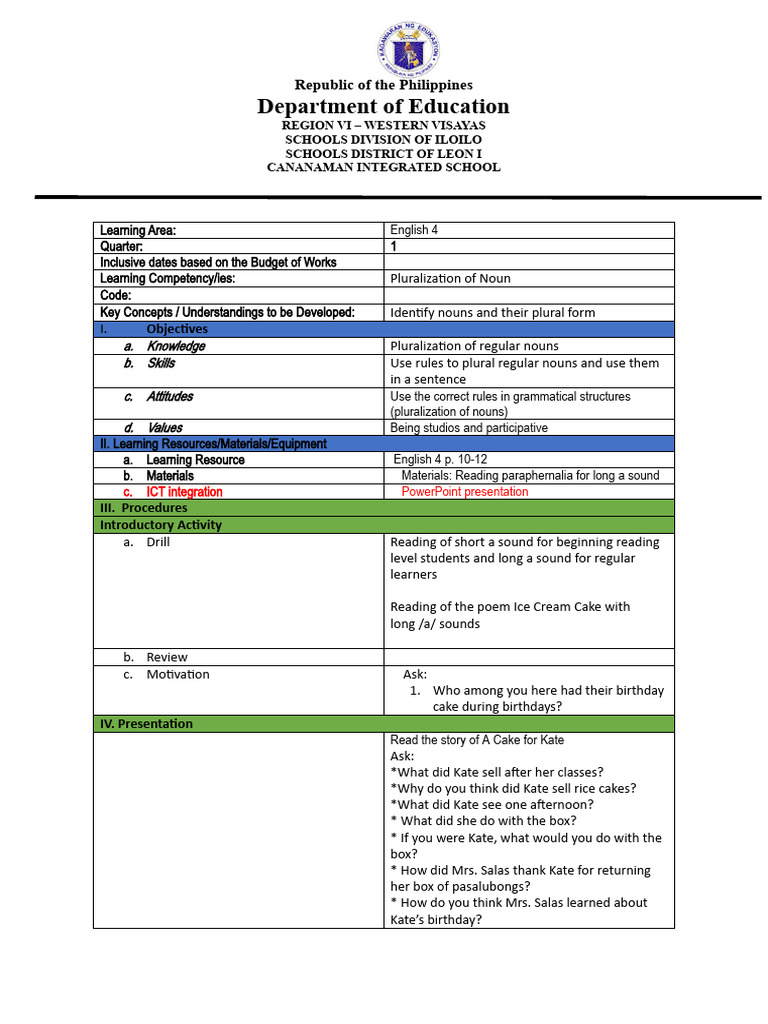 Lesson Plan English 4 Week 1 Lesson 1 Q1 | PDF | Plural | English Language