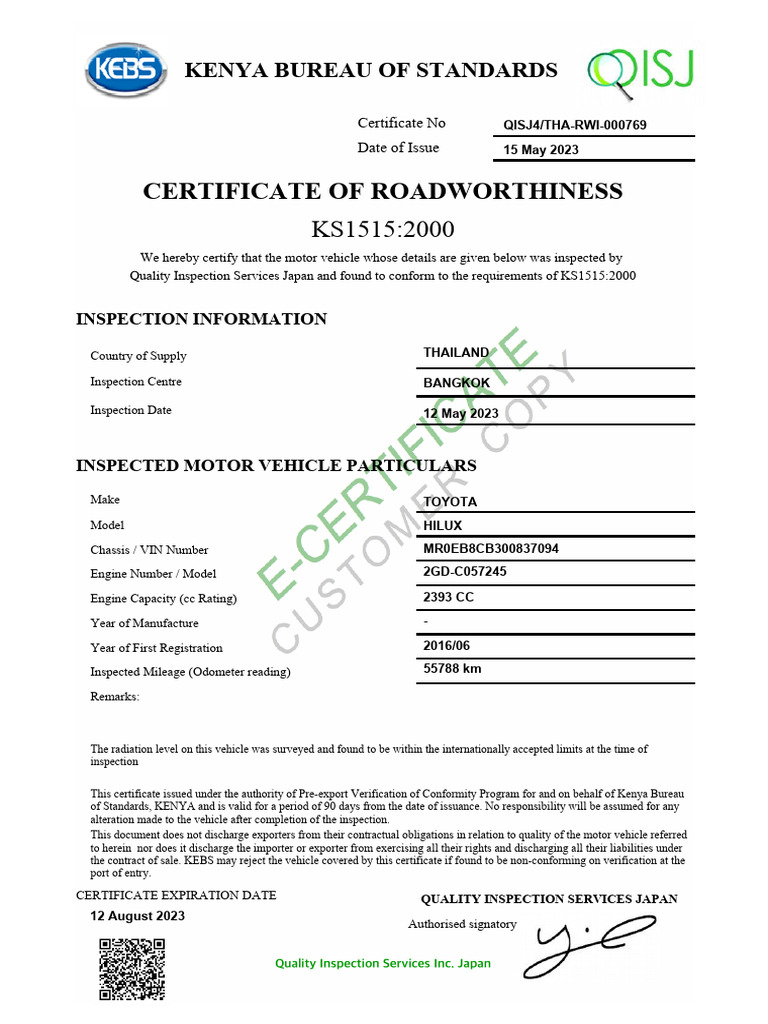Certificate of Roadworthiness: Kenya Bureau of Standards | PDF ...