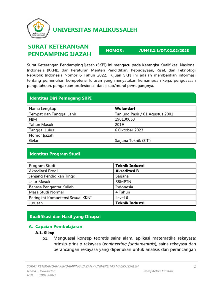 SKPI Lulusan Teknik Industri UNRI | PDF