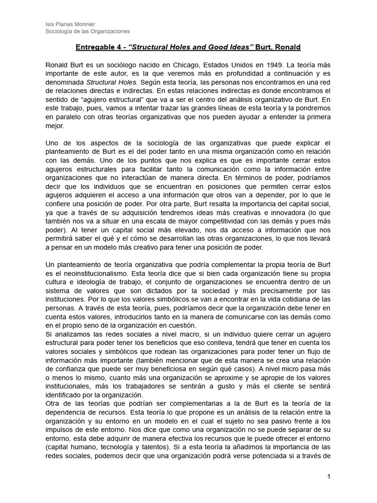 Entregable 4 - “Structural Holes and Good Ideas” Burt, Ronald | PDF ...