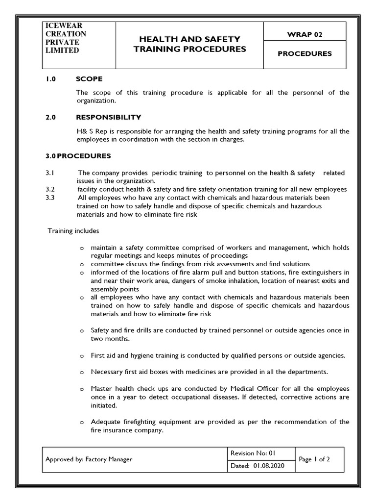 WRAP 02 Health and Safety Training Procedures | PDF | Occupational Safety And Health | Safety