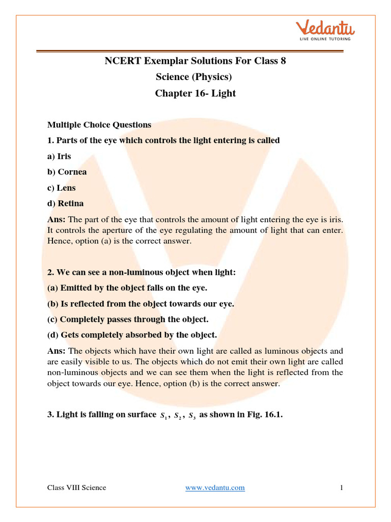 NCERT Exemplar Class 8 Science Solutions Chapter 16 Light | PDF | Eye | Mirror