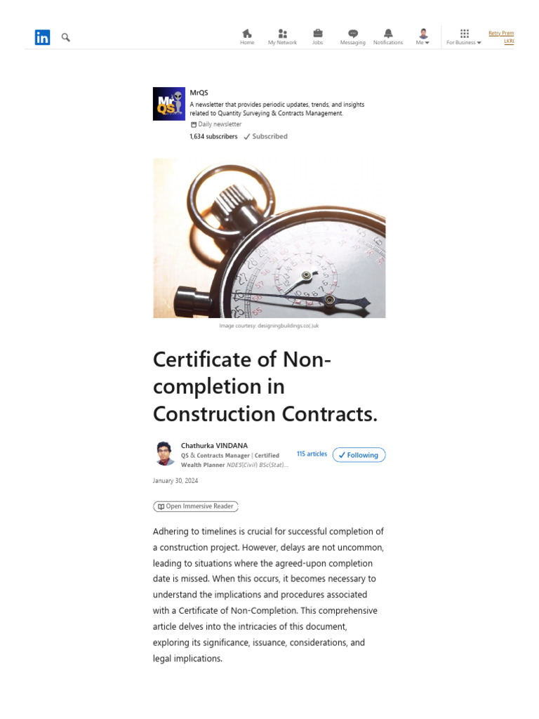 Certificate of Non-Completion in Construction Contracts. | PDF ...