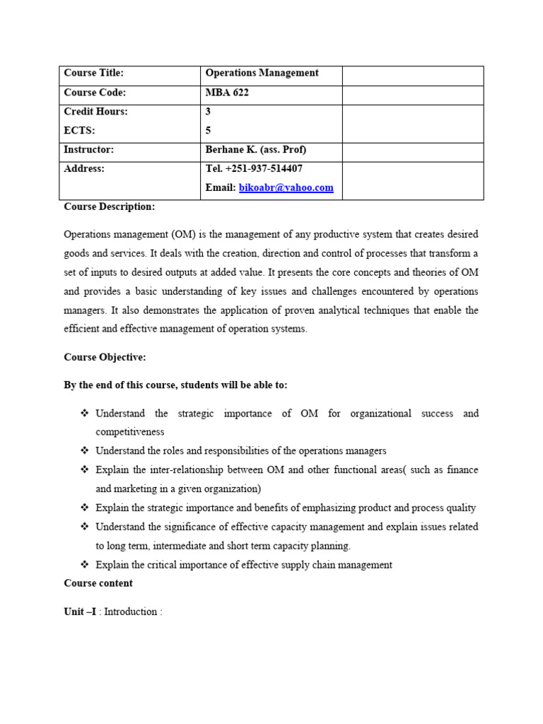 OM Outline MBA | PDF | Operations Management | Business Process
