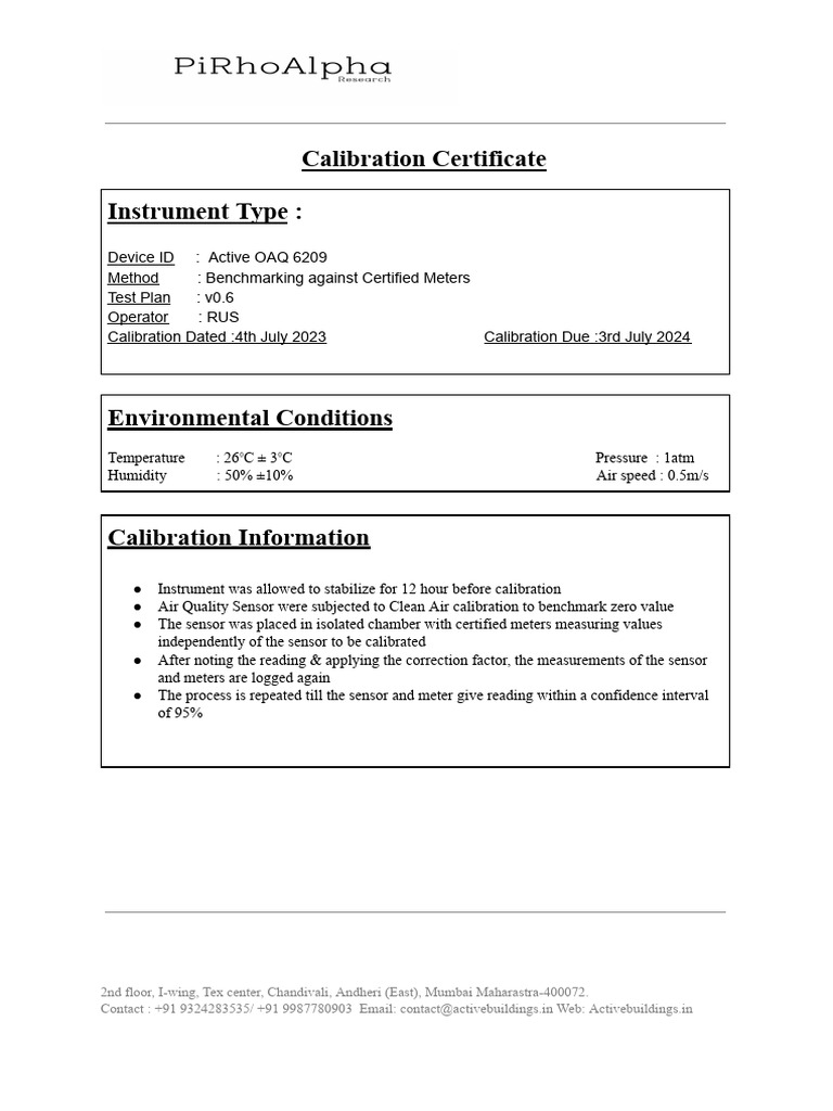 Calibration Certificate for Air Quality Sensors | PDF | Calibration ...
