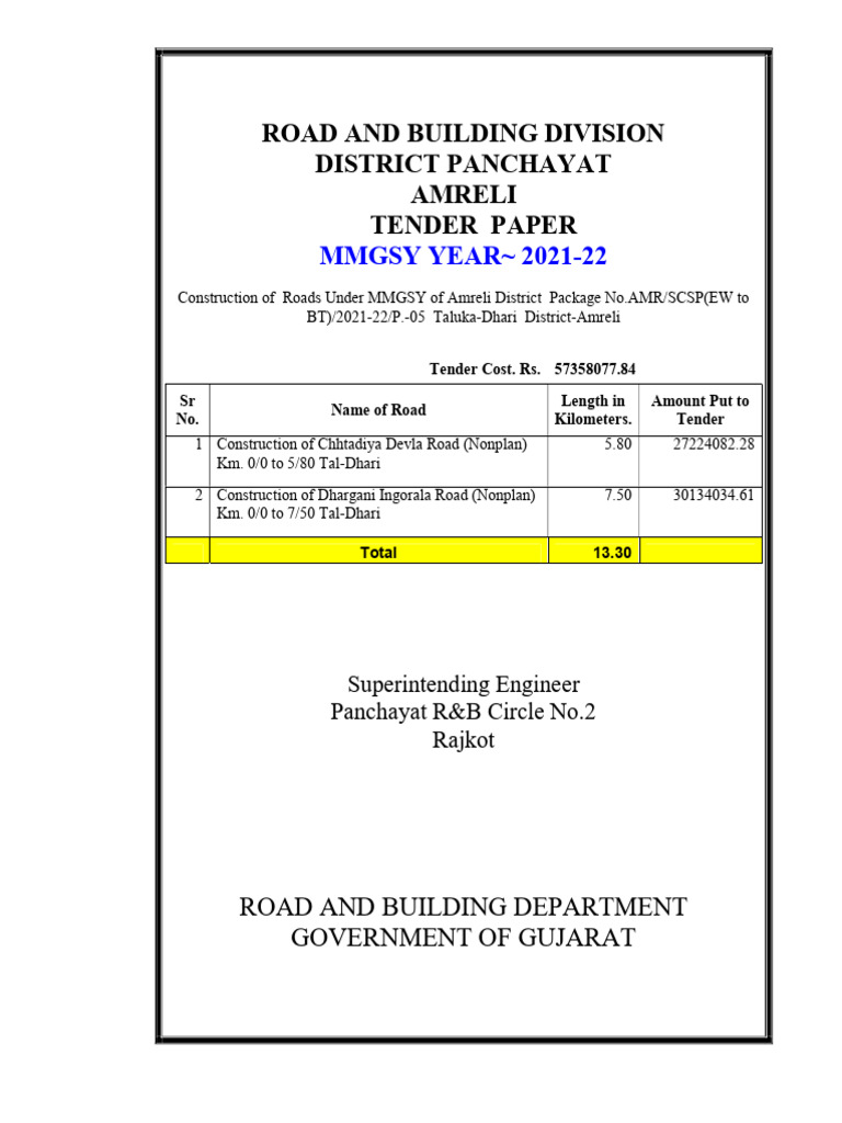 Road and Building Division District Panchayat Amreli Tender Paper | PDF