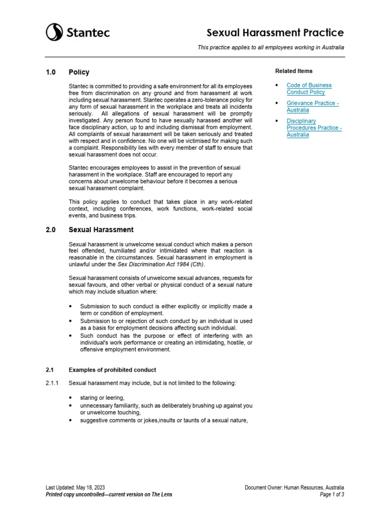 Sexual Harassment Policy for Employees in Australia | PDF | Sexual ...