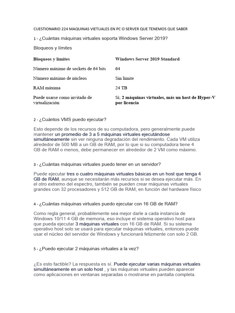Cuestionario 224 Maquinas Virtuales en PC o Server Que Tenemos Que Saber | PDF | Máquina virtual ...