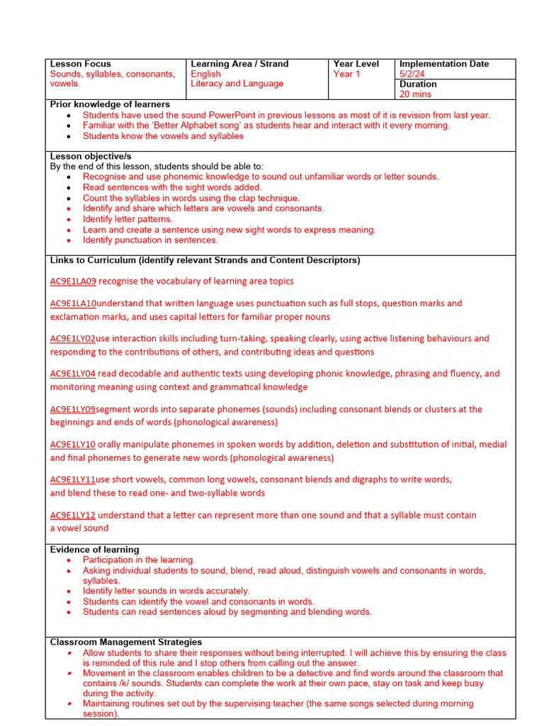 Lesson Focus Learning Area / Strand Year Level Implementation Date ...
