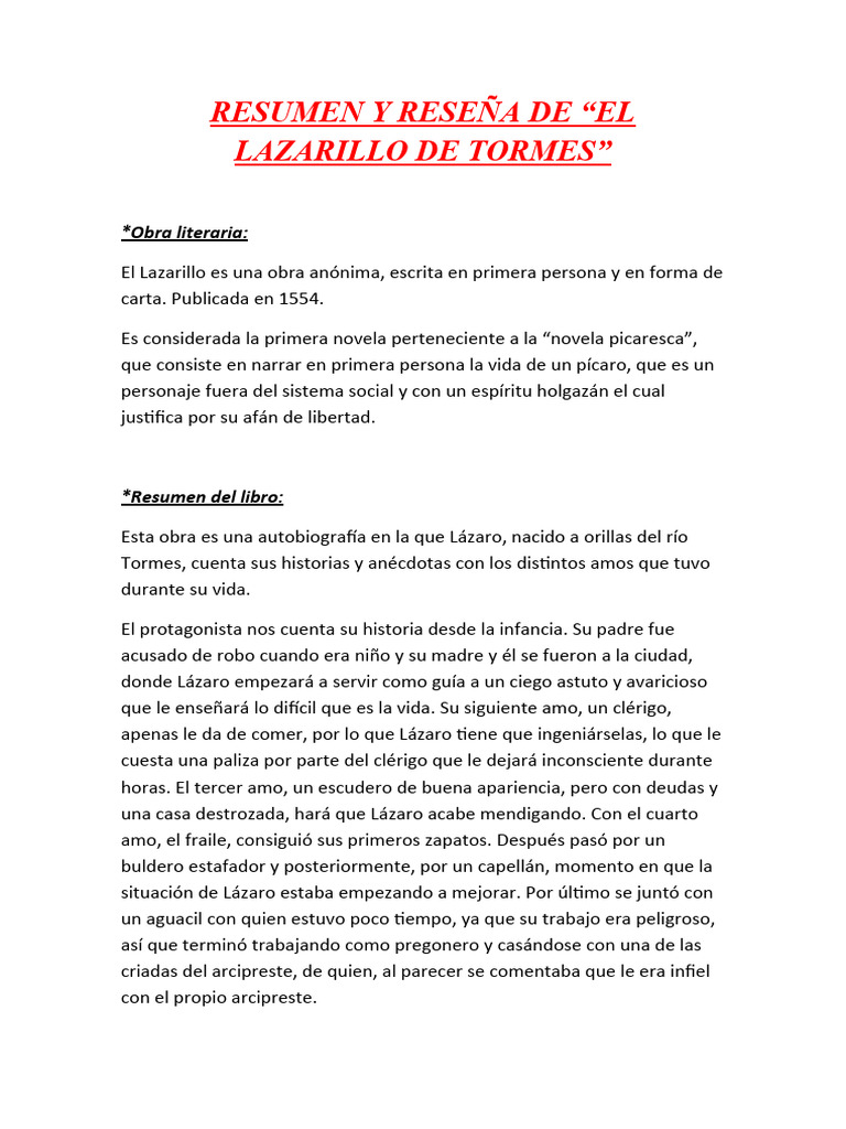 Resumen y Reseña Del Lazarillo de Tormes | PDF
