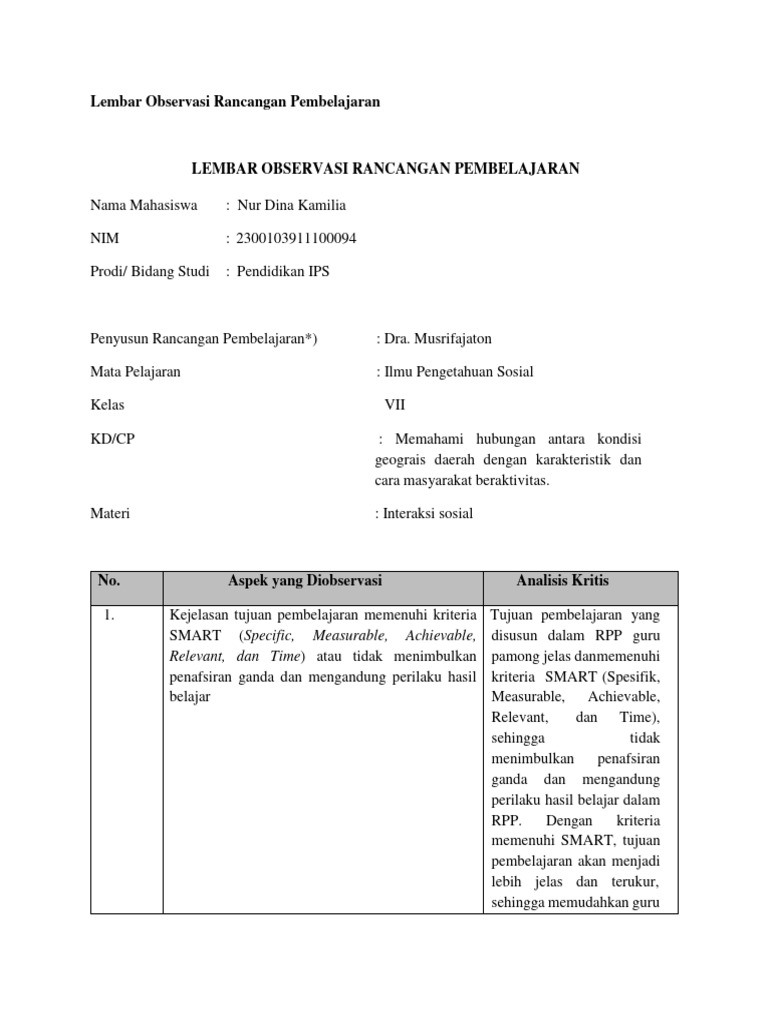 Lembar Observasi Rancangan Pembelajaran Ke-1 - Nur Dina Kamilia IPS D | PDF