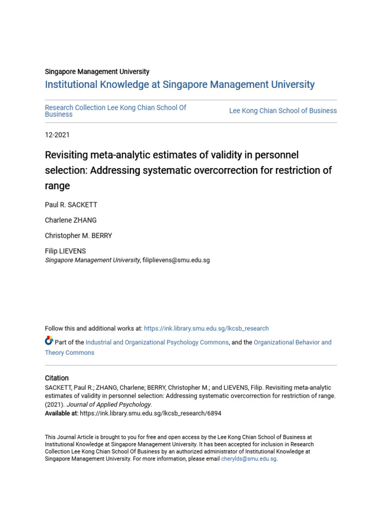 Sackett Et Al_2022_Revisiting Meta-Analytic Estimates of Validity in ... Sackett Et Al_2022_Revisiting Meta-Analytic Estimates of Validity in ...