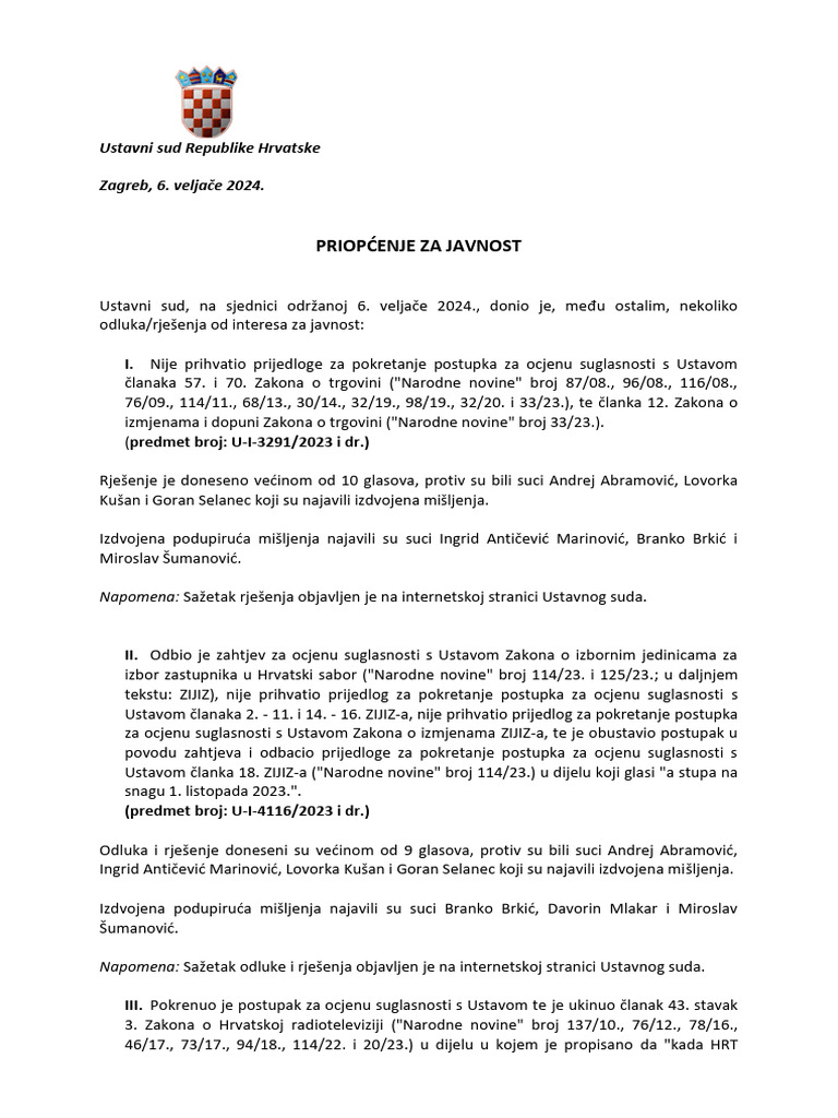 Priopcenje Za Javnost Sa Sjednice Ustavnog Suda RH Od 6.2.2024 | PDF