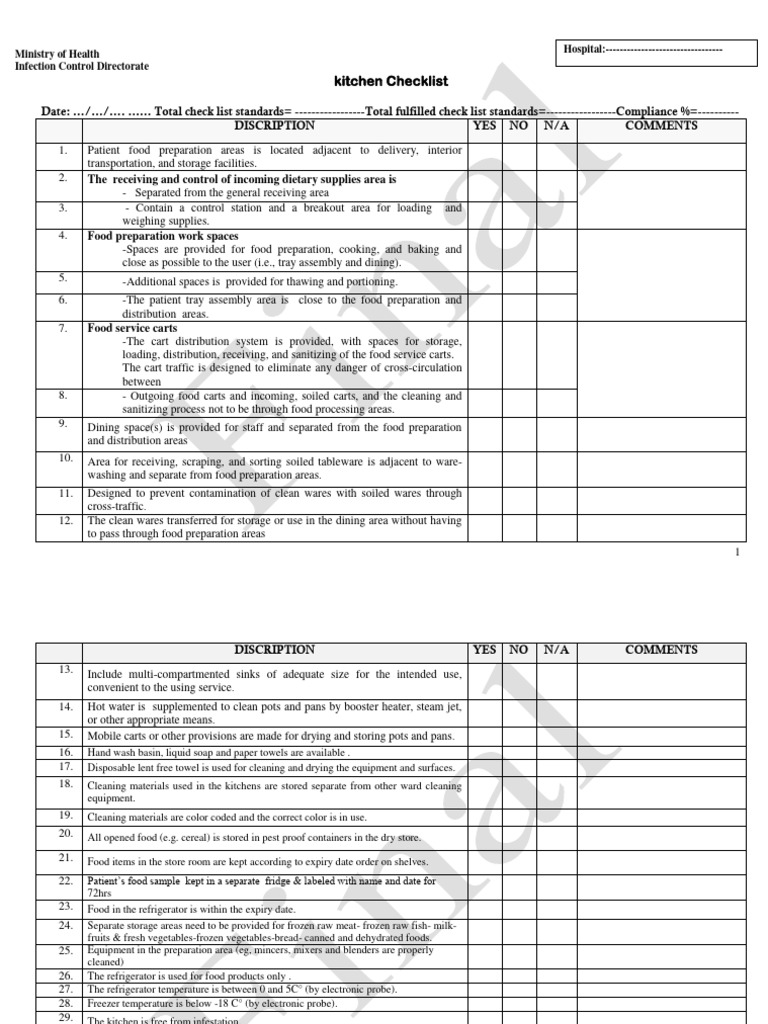 Hospital Kitchen Checklist | Download Free PDF | Refrigerator | Kitchen