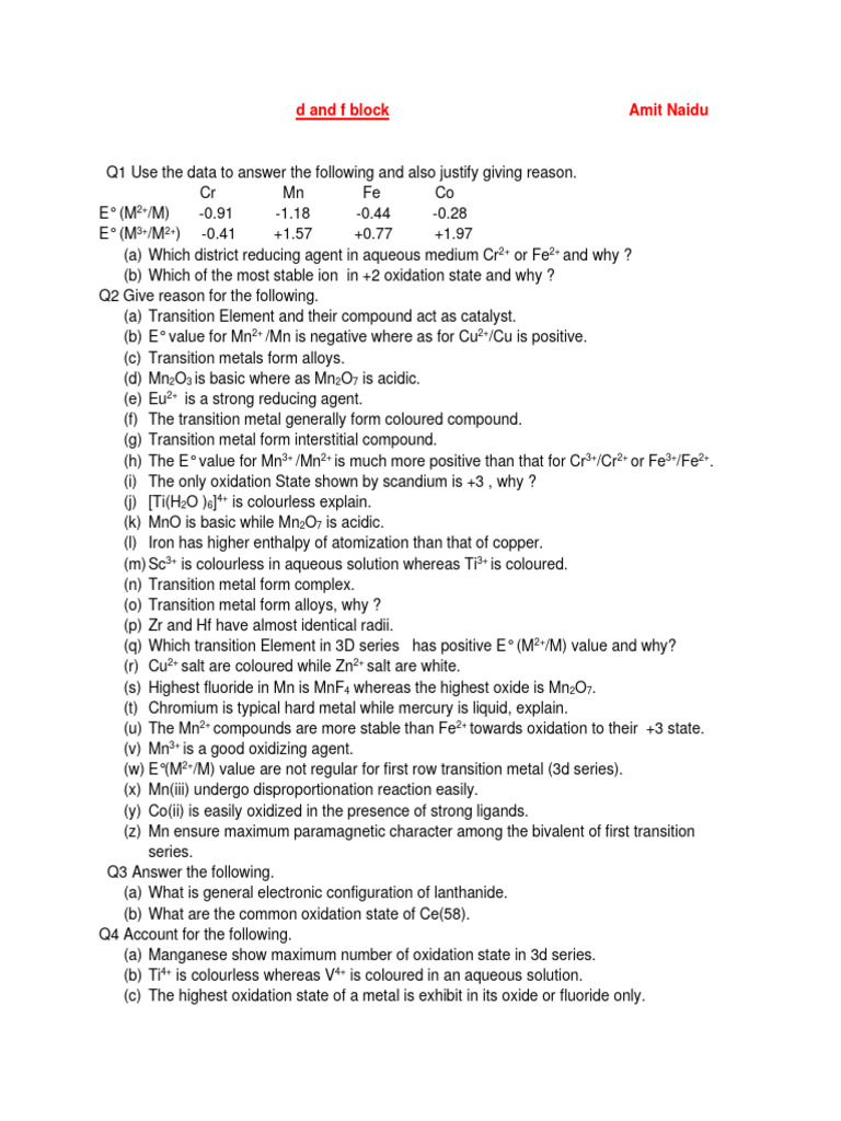 D and F Block Class 12 | PDF | Transition Metals | Lanthanide