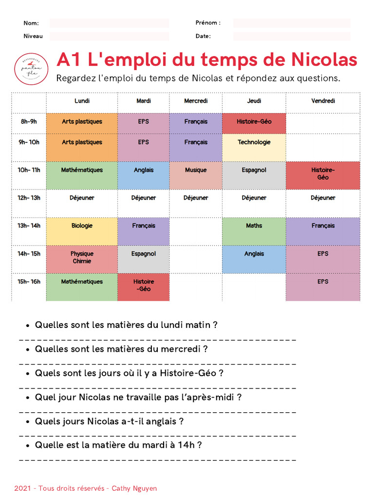 Emploi du temps de Nicolas - FLE A1 | PDF | Développement personnel