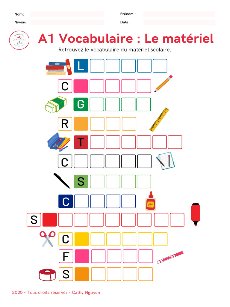 Vocabulaire A1 : Matériel Scolaire | PDF