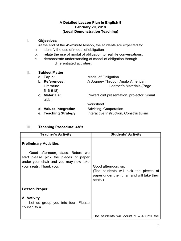 Detailed Lesson Plan: Modals of Obligation | PDF | Human Communication ...