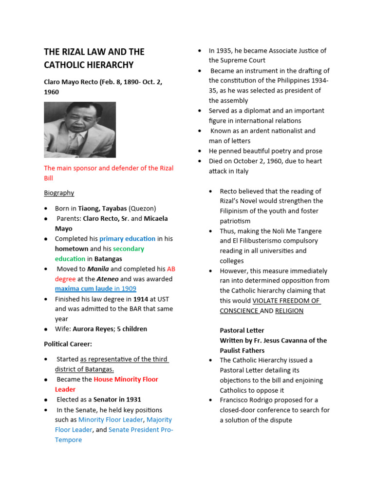 Rizal Law Debate: Recto vs. Catholic Church | PDF | Social Science ...