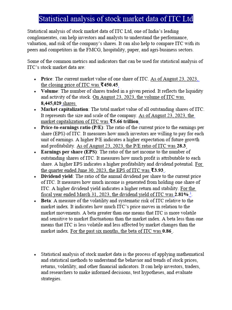 Statistical Analysis of Stock Market Data of ITC LTD 23 | PDF | Price ...