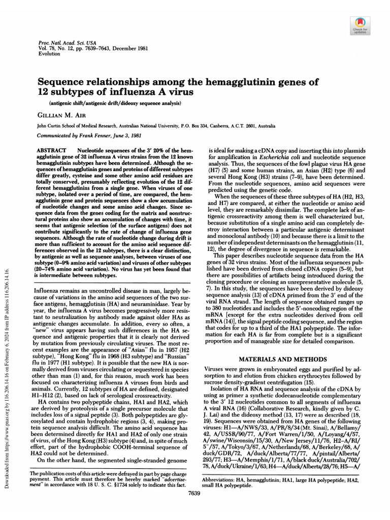 Air 1981 Sequence Relationships Among the Hemagglutinin Genes of 12 ...