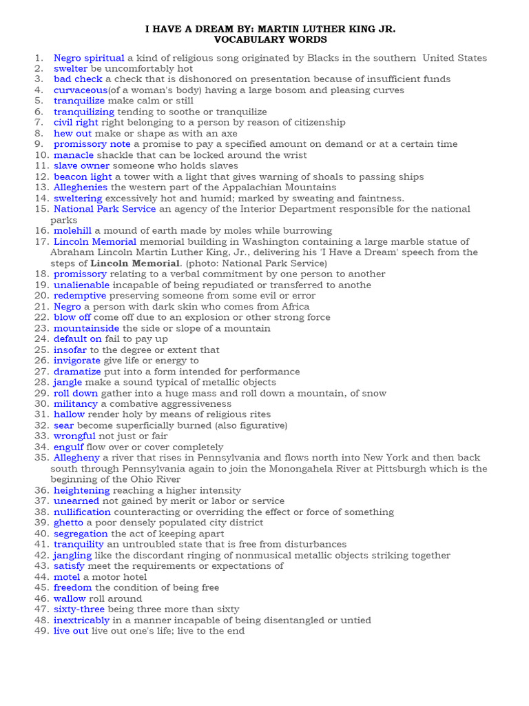 I Have A Dream Martin Luther King Jr. Vocabulary Words | PDF | The ...