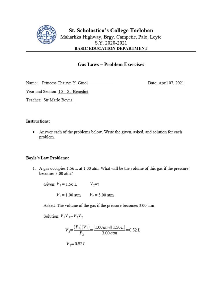 Gas Laws - Problem Exercises | PDF | Gases | Celsius