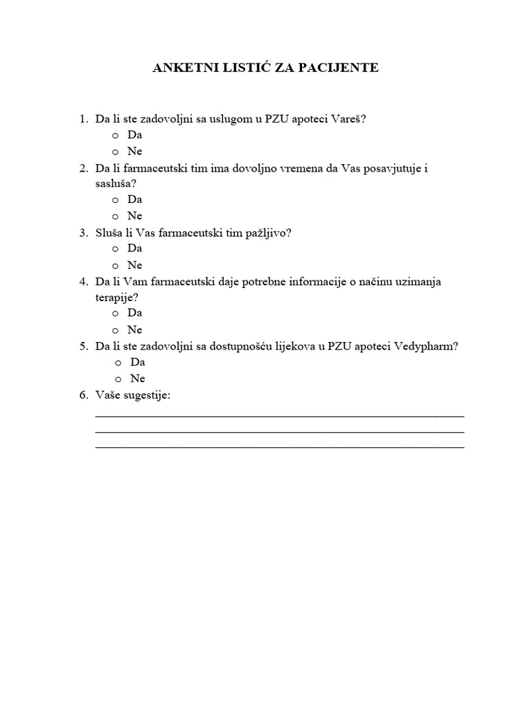 Anketni Listić Za Pacijente | PDF