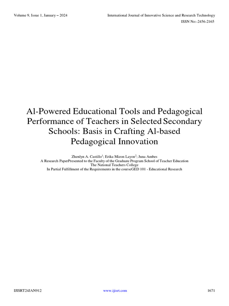 Al-Powered Educational Tools and Pedagogical Performance of Teachers in SelectedSecondary ...