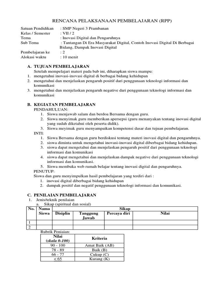 RPP Inovasi Digital untuk Kelas VII | PDF