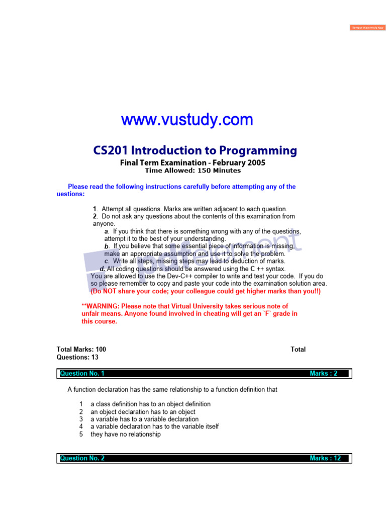 CS201 Finalterm Solved Papers With Reference 3 | PDF | Class (Computer Programming ...