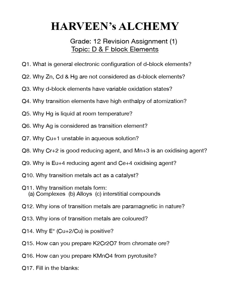 D & F Block Elements Assignment-1 | PDF