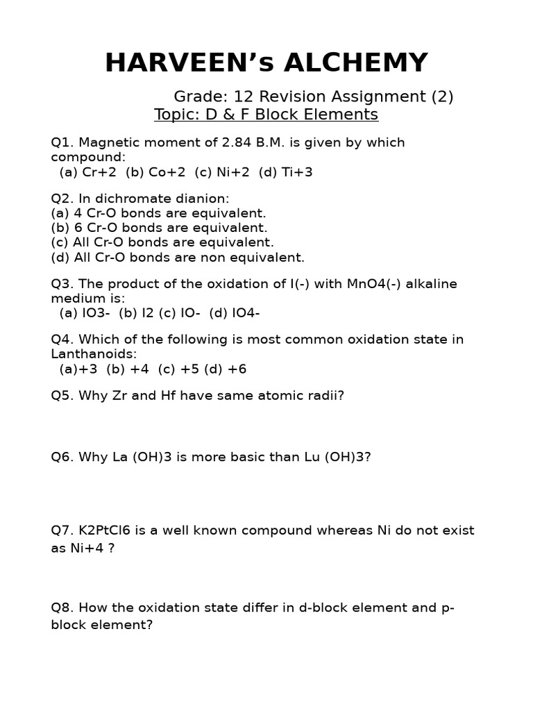 D & F Block Elements Assignment 2 | PDF