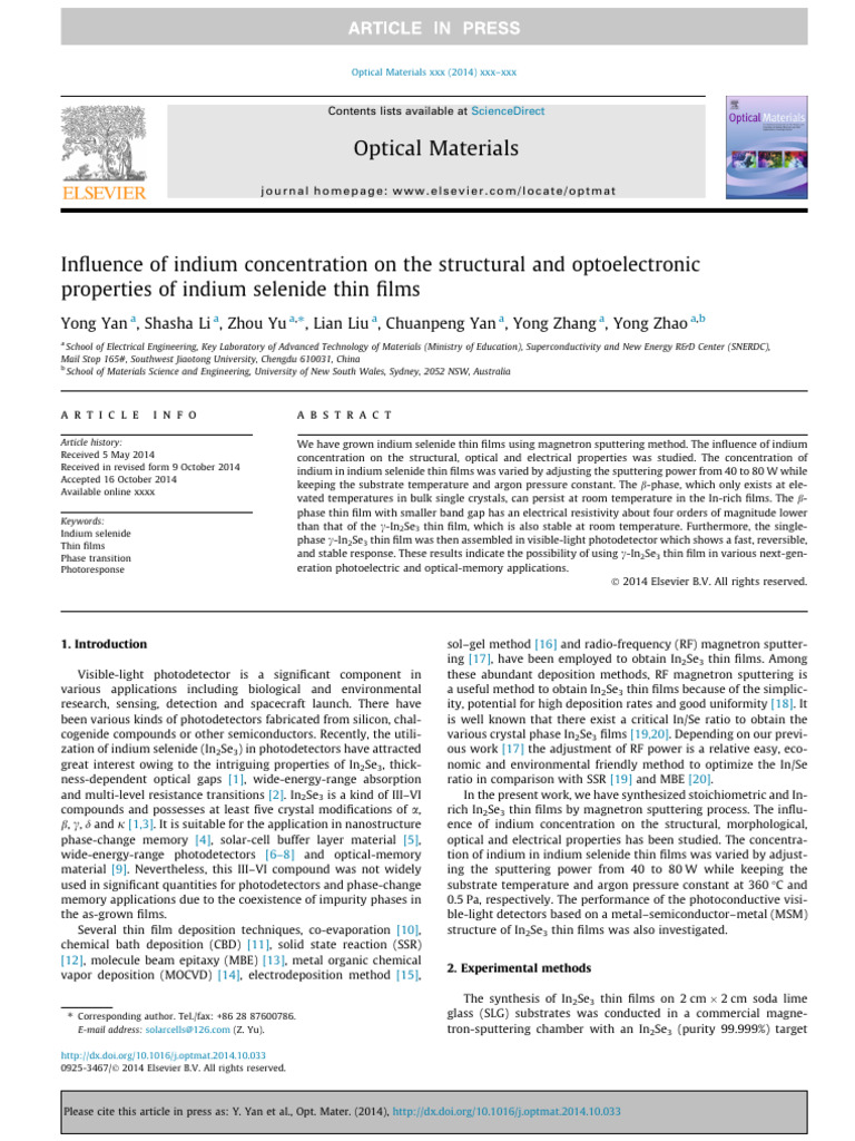 Influence of indium concentration on the structural and -- Yan, Yong; Li, Shasha; Yu, Zhou; Liu ...