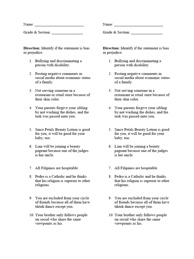 Bias vs. Prejudice Identification Worksheet | PDF | Prejudices | Group Processes