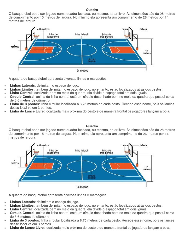 Dimensões e Marcação da Quadra de Basquete | PDF | Esportes e Recreação ...