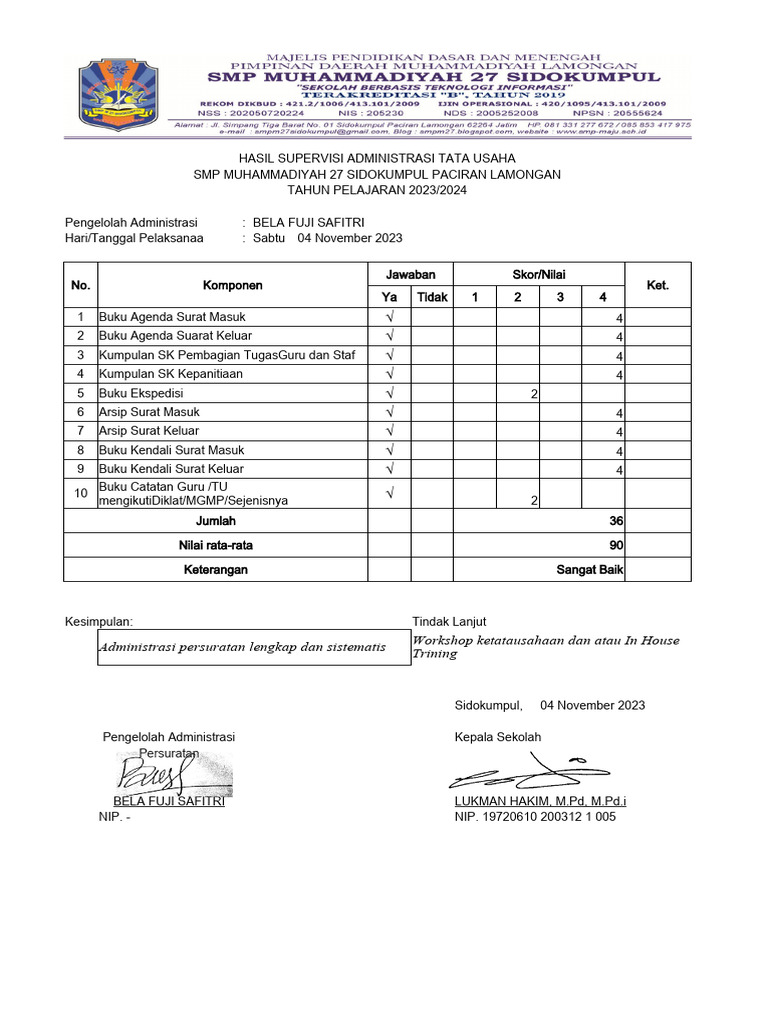 Instrumen Supervisi Tendik 2023 | PDF