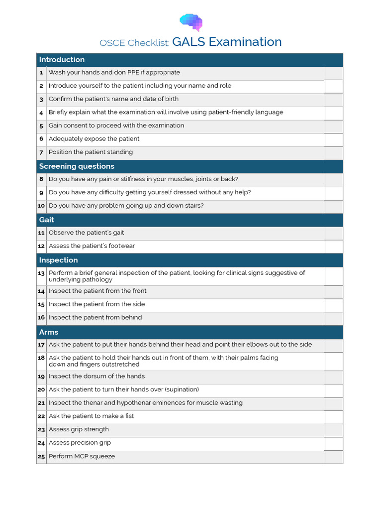 OSCE Checklist GALS Examination | PDF | Anatomical Terms Of Motion ...