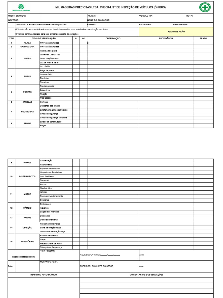 Check-List Ônibus Formulário | Download grátis PDF | Transporte ...