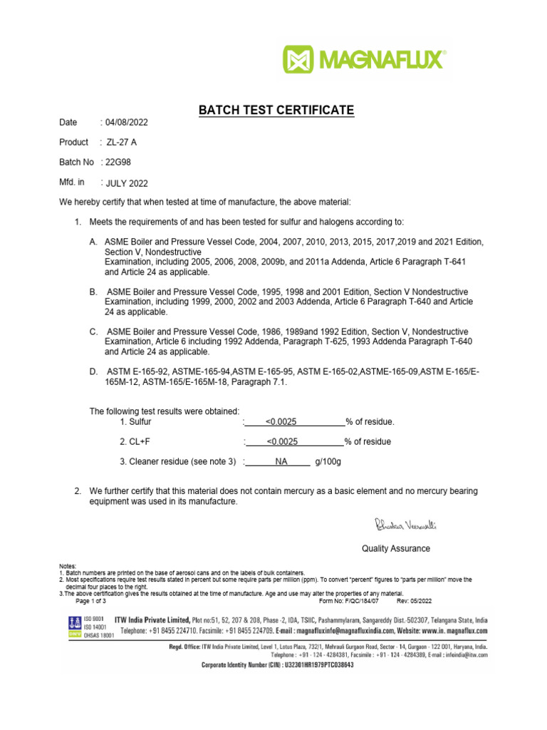 Batch Test Certificate | PDF | Nondestructive Testing | Physical Sciences