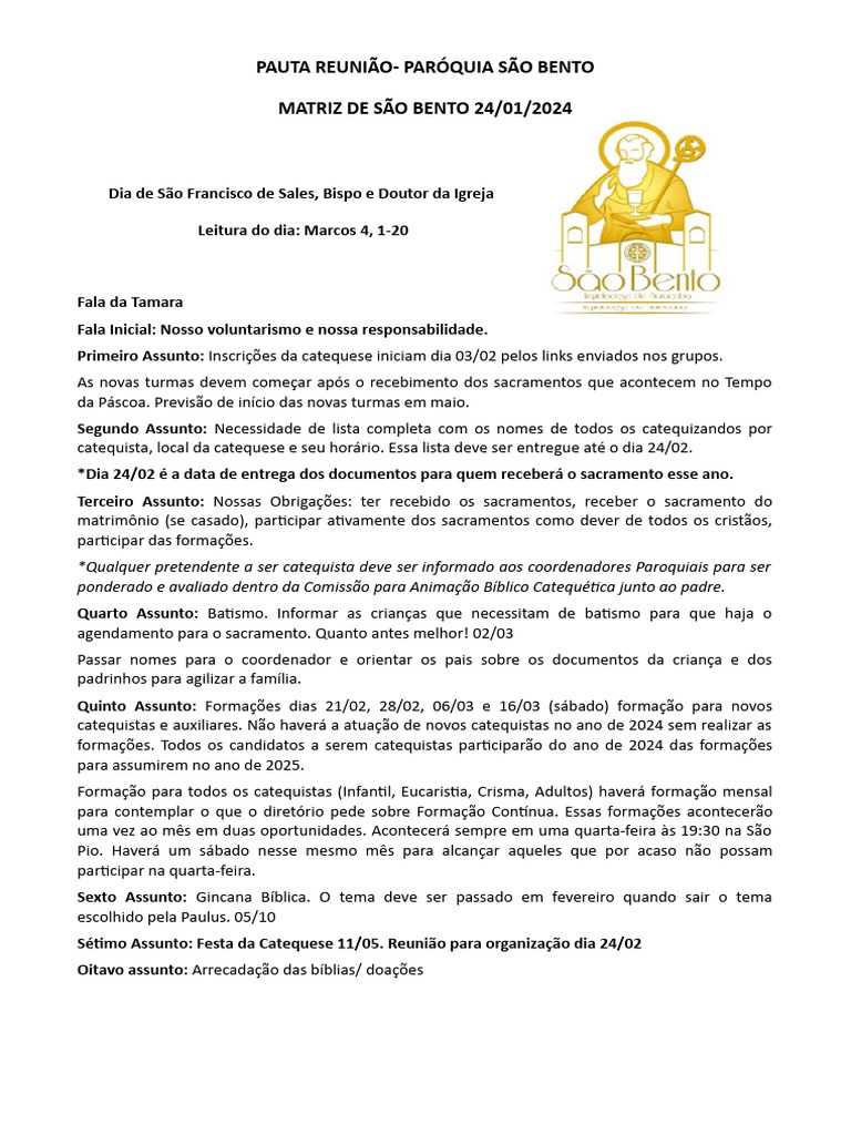 Pauta Da Reunião 24-01-2024 | PDF | Igreja católica | Catecismo
