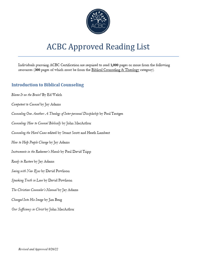 Approved Reading List (2022) | PDF | Christian Counseling | Christian ...
