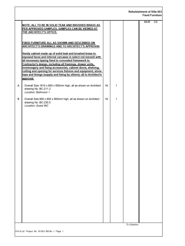 Bill No. 1 - Fixed Furniture | Download Free PDF | Cabinetry | Chest Of ...
