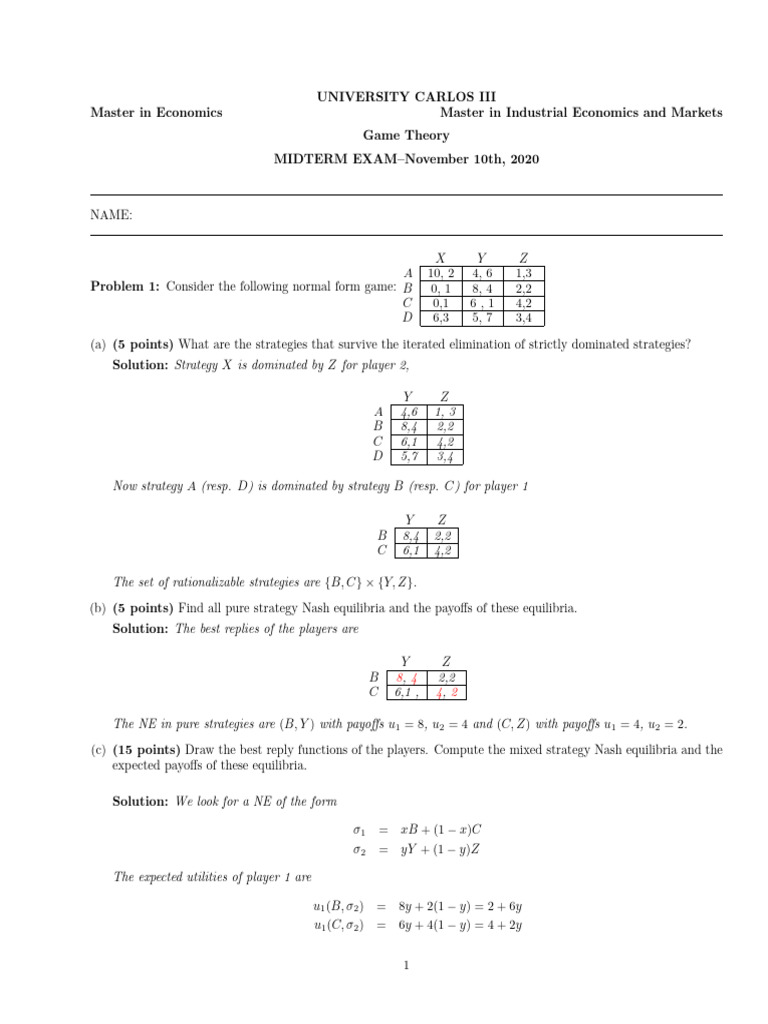 Midterm Exam November2021 Solution | PDF | Game Theory | Mathematical And Quantitative Methods ...