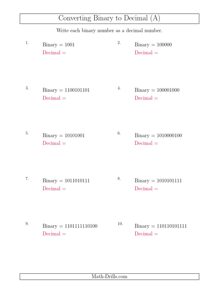 Number Sense Worksheet Converting Binary Numbers To Decimal Numbers | PDF